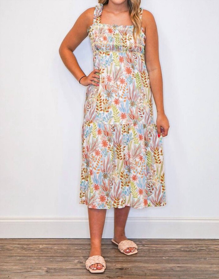 Thml Floral Print Smocked Midi Dress in Cream - ShopStyle