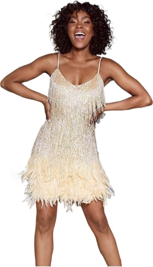 MIMIKRY Tina Turner Fringe Dress Gold with Feathers Disco Outfit 70s ...