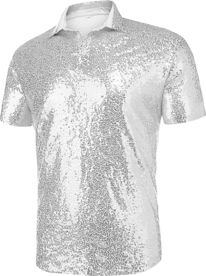 URRU Men's Short Sleeve Sequin Polo Shirts 70s Disco Nightclub Party Turndown Sparkle T-Shirts ...