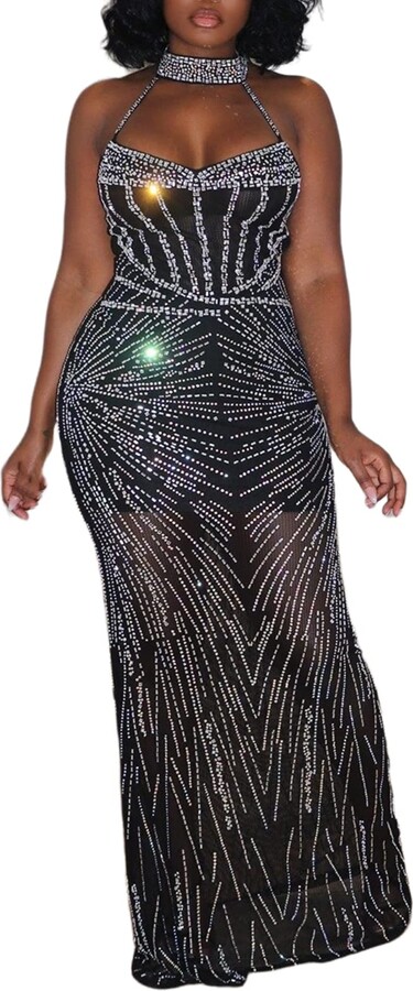 ENOPINK Women's Rhinestone Dress Sexy See Through Sheer Party Club ...