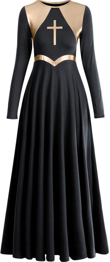 Fymnsi Women Lyrical Praise Cross Dance Dress Metallic Cross Front Long