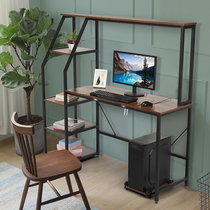 HAIHESU NETWORK Computer Desk With Storage Shelves, Tilting Drafting ...