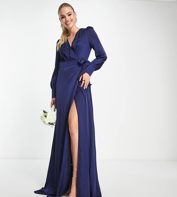 TFNC Tall Bridesmaid long sleeve satin maxi dress in navy blue - ShopStyle
