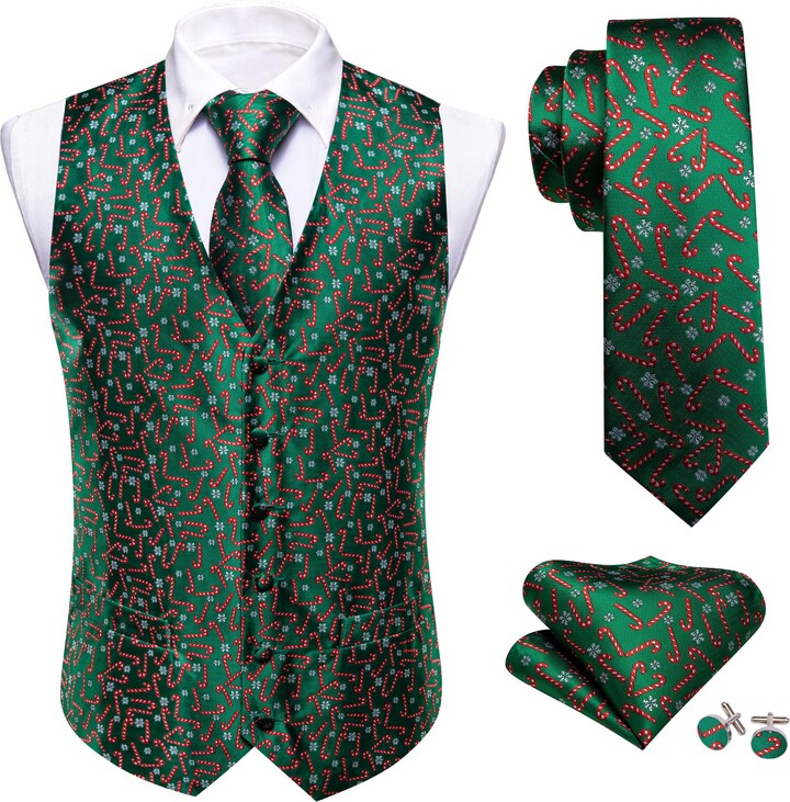 Barry.Wang Mens Christmas Suit Waistcoat Green Xmas Holiday Vest Tie ...