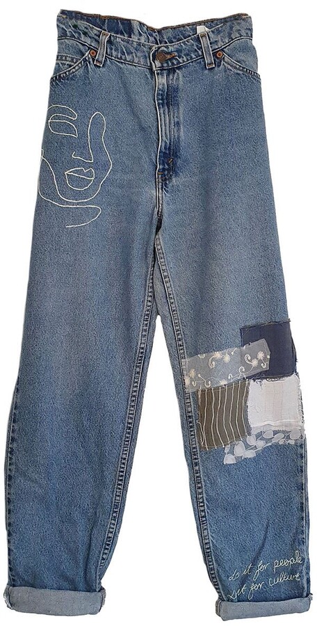 Fanfare Label - High Waisted Recycled Face Embroidered Jeans, Blue ...