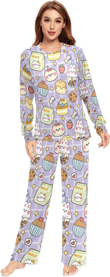 JUNZAN Cute Cartoon Bunny Milk Pajamas for Women Long Sleeve Top ...