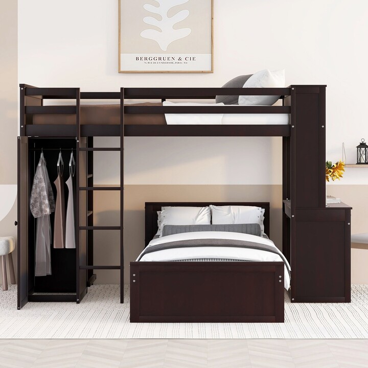 IGEMAN Espresso Twin Wood Loft Bed with Stand-alone Bed, Wardrobe ...