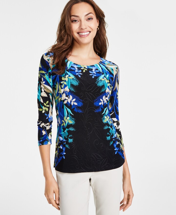 JM Collection Petite Coastal Cascade Floral Jacquard Top, Created for ...