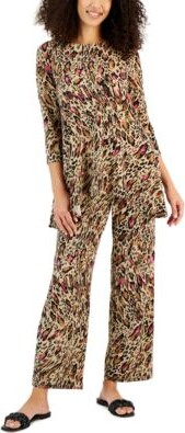 JM Collection Womens 3 4 Sleeve Printed Knit Top Wide Leg Pants Created ...