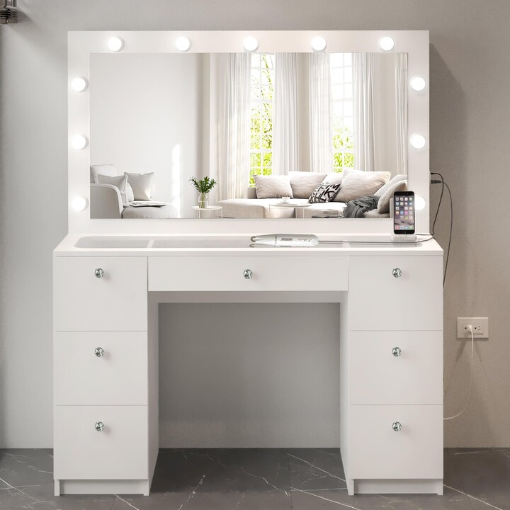 Boahaus Orla Mini White Vanity Makeup Desk with Mirror and Built-in ...