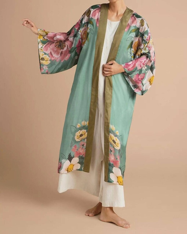 POWDER Impressionist Floral Kimono Gown In Teal - ShopStyle Casual Jackets