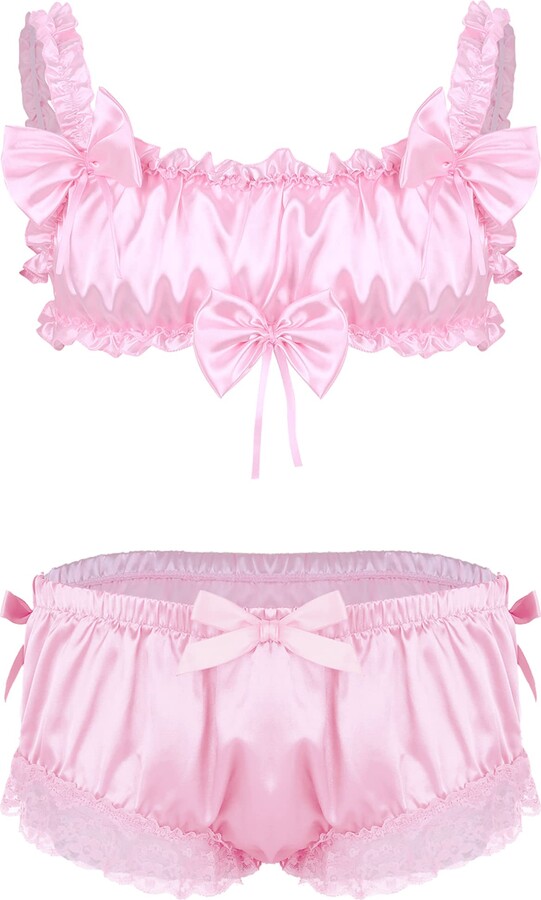 Choomomo Men's Ruffled Frilly Lace Satin Sissy Lingerie Set Bra Panties ...