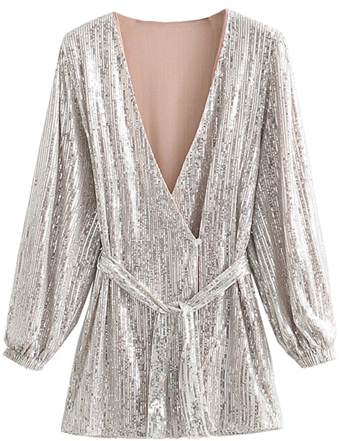 Goodnight Macaroon 'Tiffany' V-neck Sequinned Waist Tied Mini Dress ...