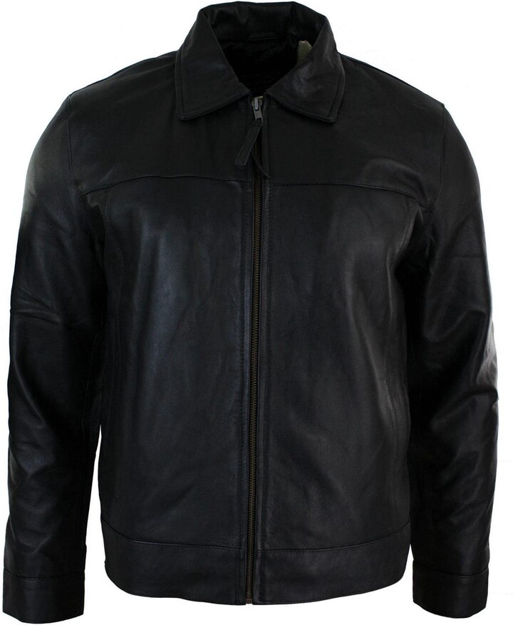 Aviatrix Mens Classic Zipped Real Leather Jacket Retro Black - ShopStyle