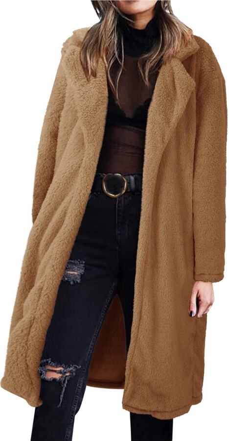 VESNIBA Furry Fleece Jacket Women Fuzzy Fleece Trench Coat Lapel Open ...