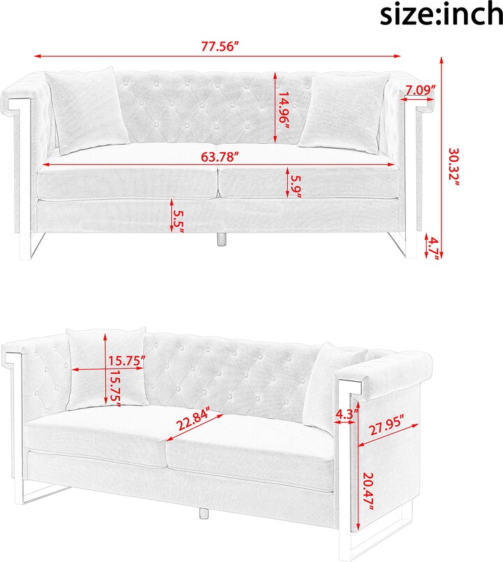 GLANZEND Tufted Velvet Upholstered Rolled Arm Classic Chesterfield L ...