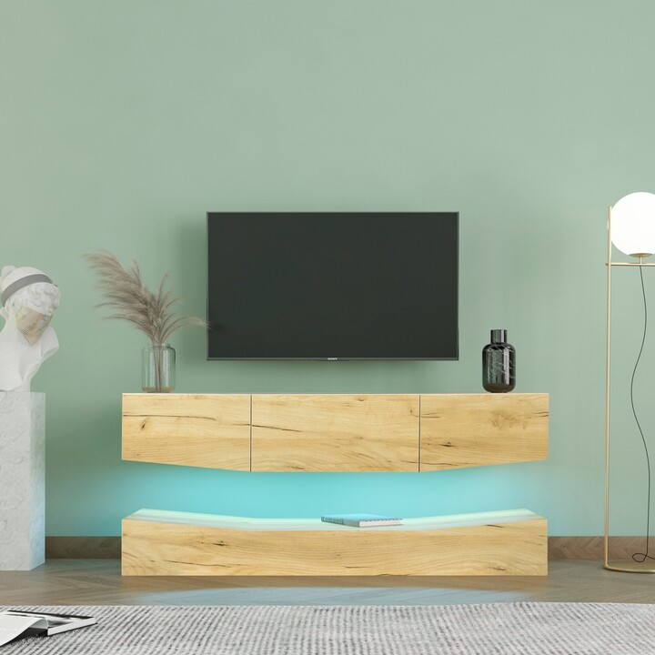 GEROJO Oak Elegant LED TV Stand Cabinet with 3 Drawers, Upper and Lower ...