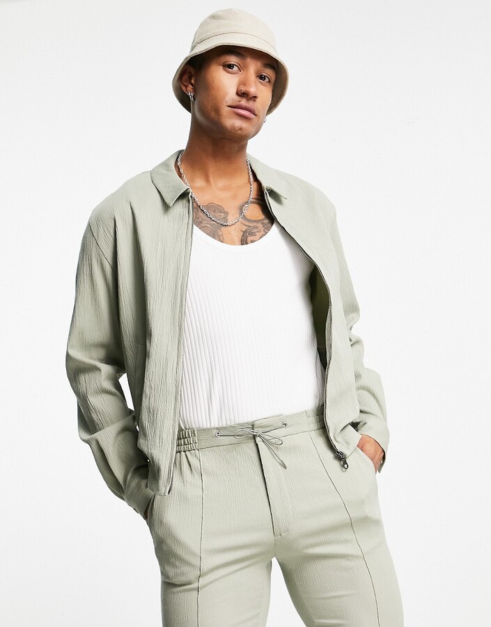 ASOS DESIGN smart harrington jacket in sage green crinkle - part of a set - ShopStyle