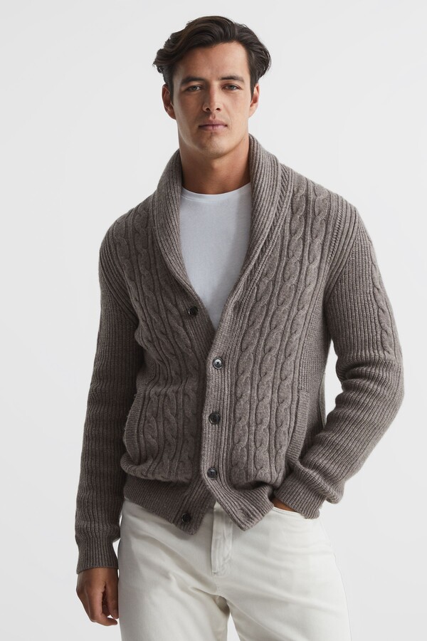 Reiss Mink Romash Shawl Collar Cable Knit Wool Cashmere Cardigan ...
