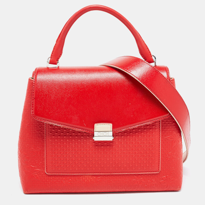 CH Carolina Herrera Red Embossed Leather and Patent Leather Top Handle ...