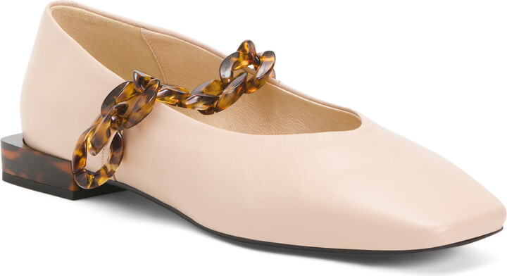 Ana Palma Made In Spain Leather Square Toe Flats With Chain Detail ...