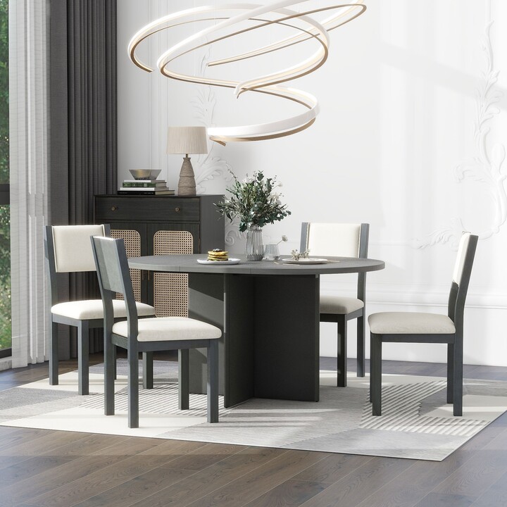 Devali Blue Gray Retro 5-Piece Wooden Dining Table Set with Expandable Round Table & 4 Chairs ...