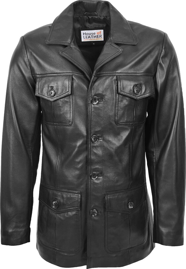 House Of Leather Mens Leather Reefer Jacket Classic Button Fastening ...