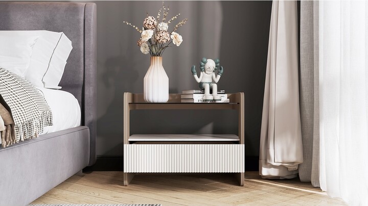 EDWINRAYLLC Brown Leather Fabric Frame Nightstand Bedside Table with White Wave-shaped Drawer ...