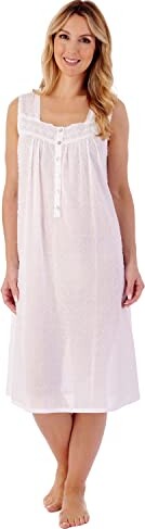 Slenderella Ladies Dobby Cotton Nightdress Broad Strap Broderie Trim ...