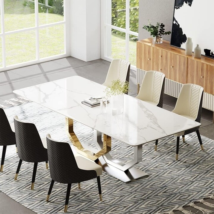 POVISON Jenpeg Modern White Marble Dining Table with Rectangular ...