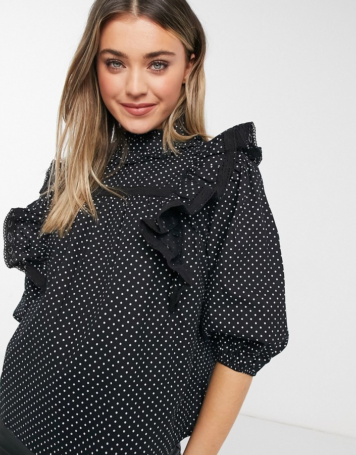 Influence high neck ruffle detail polka dot blouse in black - ShopStyle