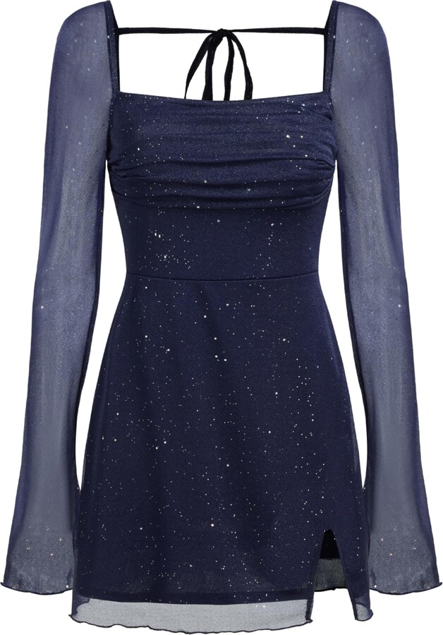 CIDER Party Dress Glitter Bodycon Mini Dress Sexy Long Sleeve Square ...