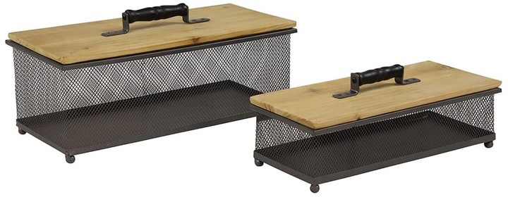 Willow Row Rectangular Gray Metal Mesh & Natural Wood Decorative ...