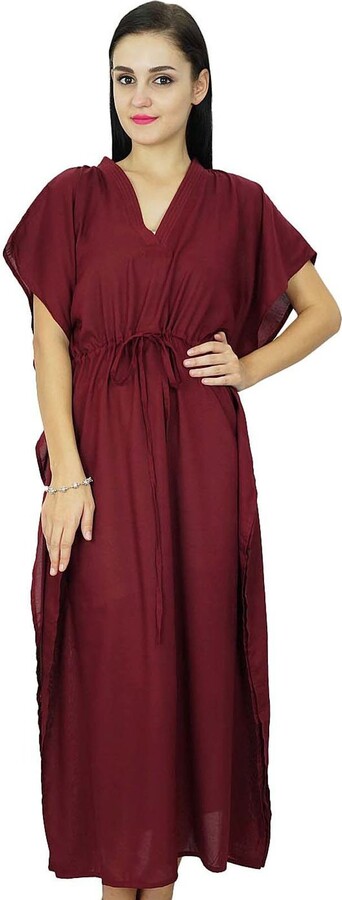 Bimba Solid Long Kaftan Dress for Women's Kimono Sleeves Soft Cotton Beach Cover Up Caftan ...