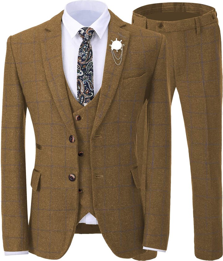 Solove-Suit Men's 3 Pieces Formal Tweed Mens Suit Slim Fit Brown ...