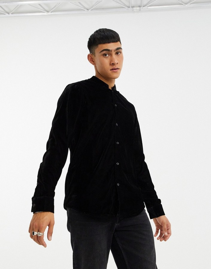ASOS DESIGN regular fit velvet shirt with mandarin collar in black ...