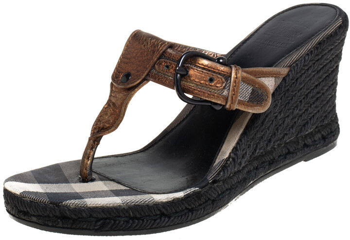 Burberry Metallic Bronze Leather Wedge Espadrille Thong Slide Sandals ...