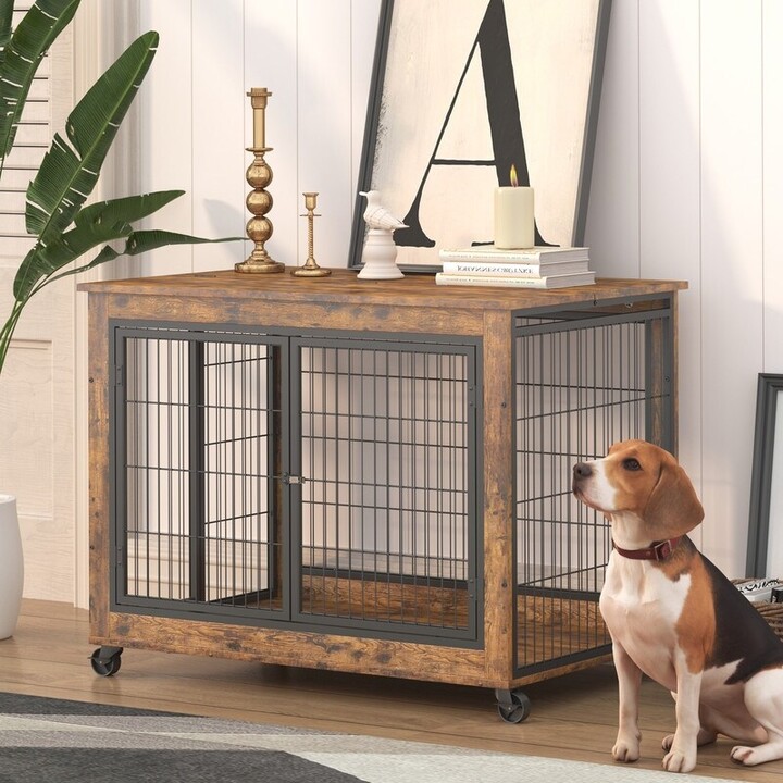 IGEMAN Rustic Brown Small Dog Cage Crate with Double Doors and Wheels ...