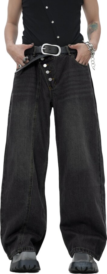 DFGIGT Men's Angled Button Fly Baggy Jeans Hip Hop Y2k Wide Leg Denim ...