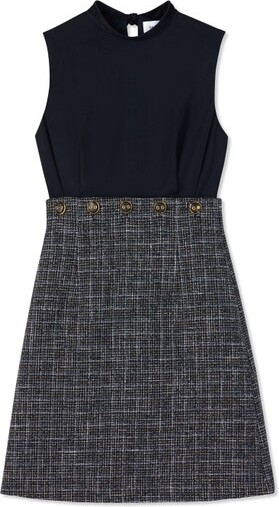 St. John Velvet Satin and Graphic Check Tweed Dress - ShopStyle