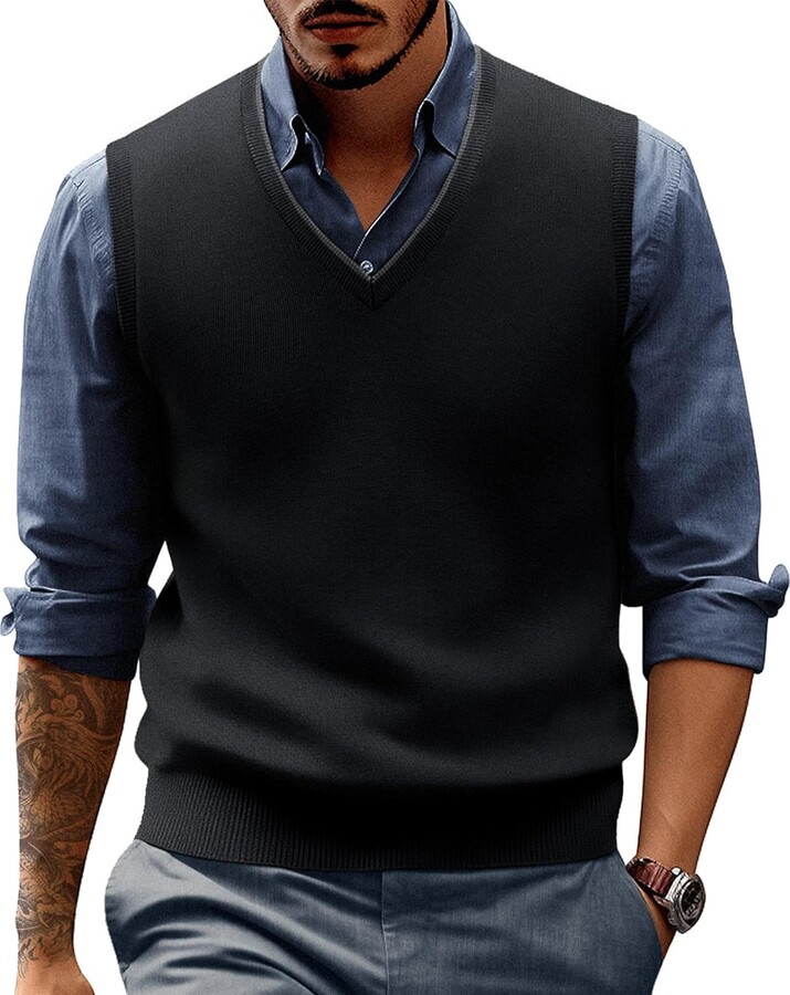 PaulJones Men's Sleeveless Pullover Vest V Neck Knitted Sweater Knitted ...