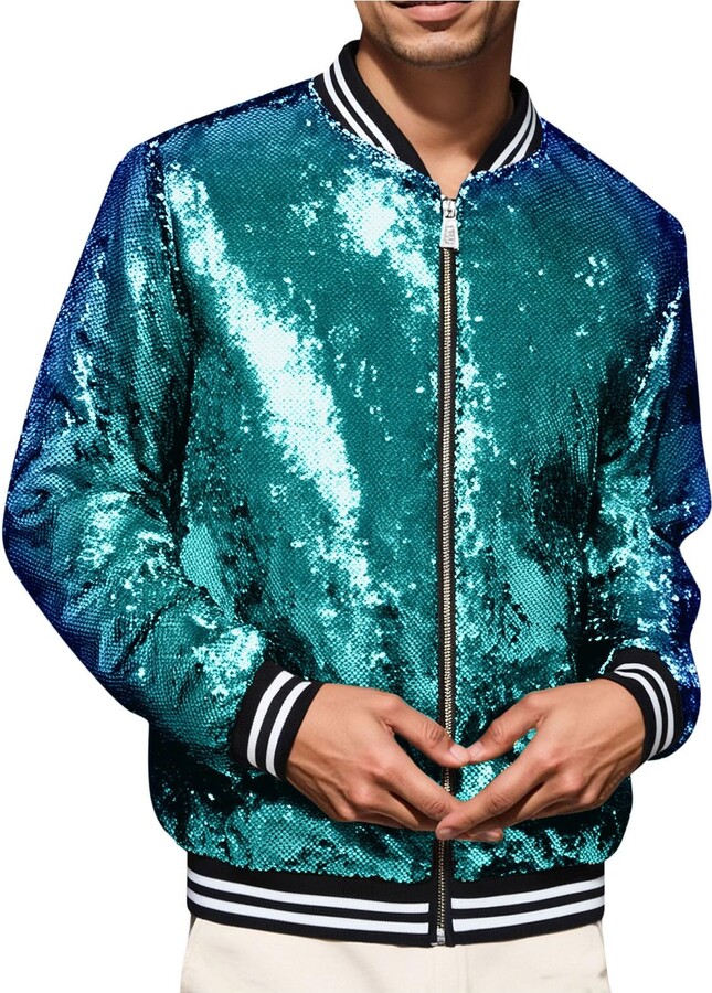 Beokeuioe 70s Disco Clothing Men's Sequin Flight Jacket Shiny Glitter Bomber Jacket Stand-Up ...