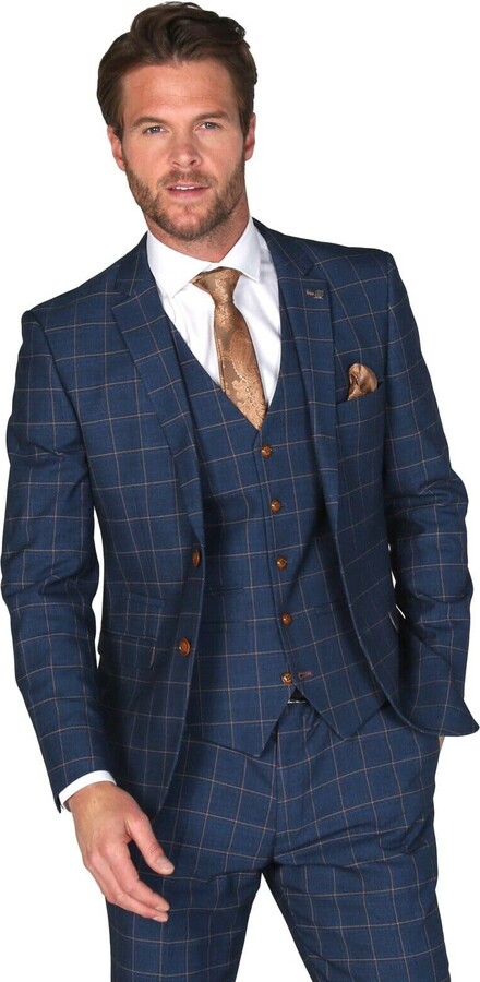 SIRRI Mens Windowpane Check Tailored Fit Navy Blue Suit Formal Business ...