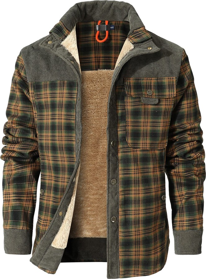 HYPESTFIT Men's Corduroy Plaid Sherpa Lined Flannel Shirt Jacket Fleece ...