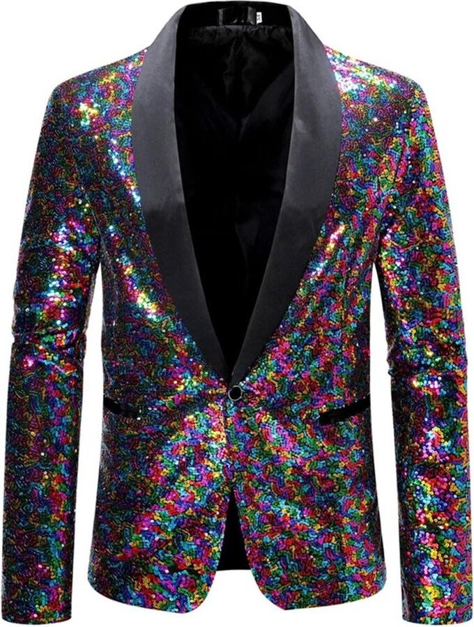 Alonepat Mens Shiny Colorful Sequin Tuxedo Suit Jacket Shawl Collar One ...