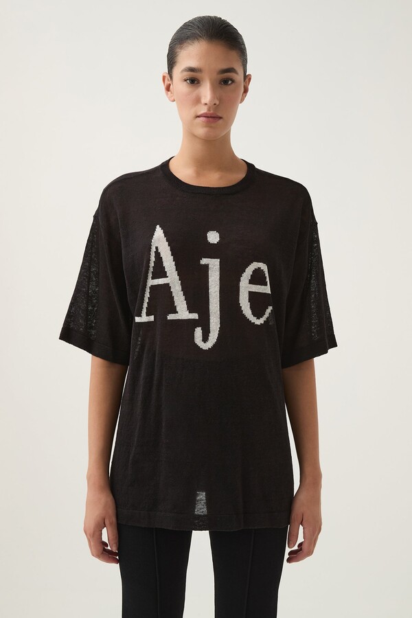 Aje Elvira Oversized Linen Tee In Colour Black/White Logo Size XXS ...