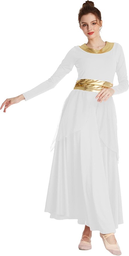 REXREII Women Praise Dance Robe Metallic Waistband Long Sleeve ...