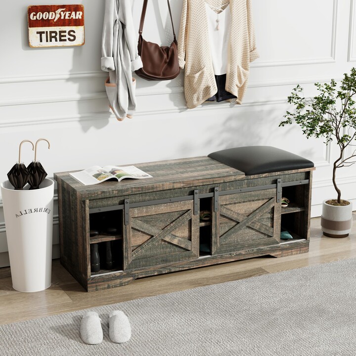 NicBex Storage Bench with Sliding X Barn Door Farmhouse Seat Bench with ...