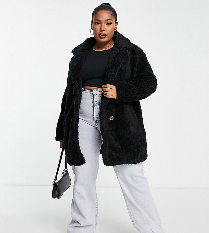 Threadbare Curve Threadbare Plus mid length teddy coat in black - ShopStyle