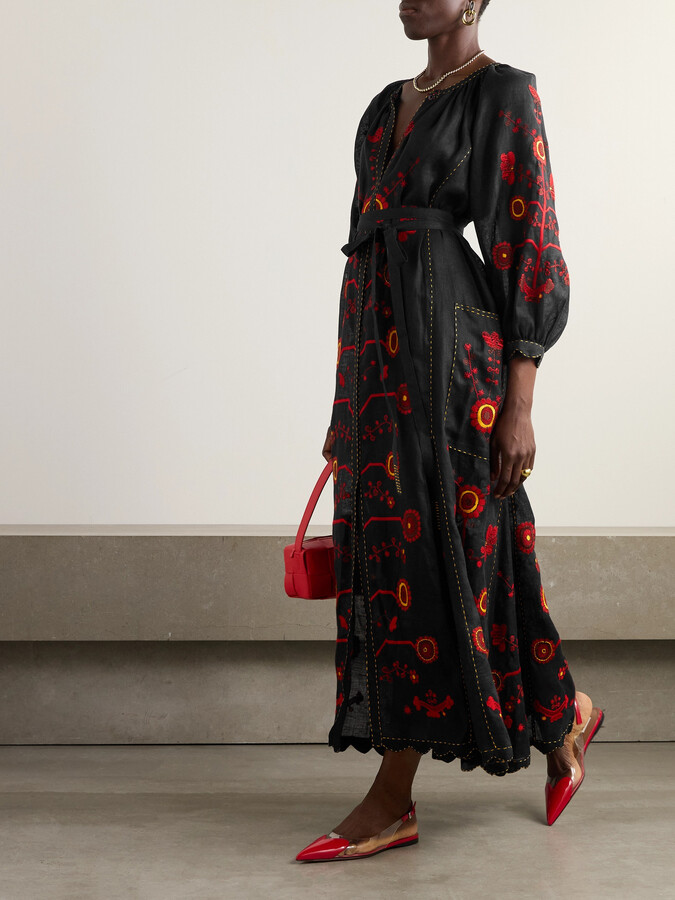 Vita Kin Nathalie Belted Scalloped Embroidered Linen Maxi Dress - Black ...
